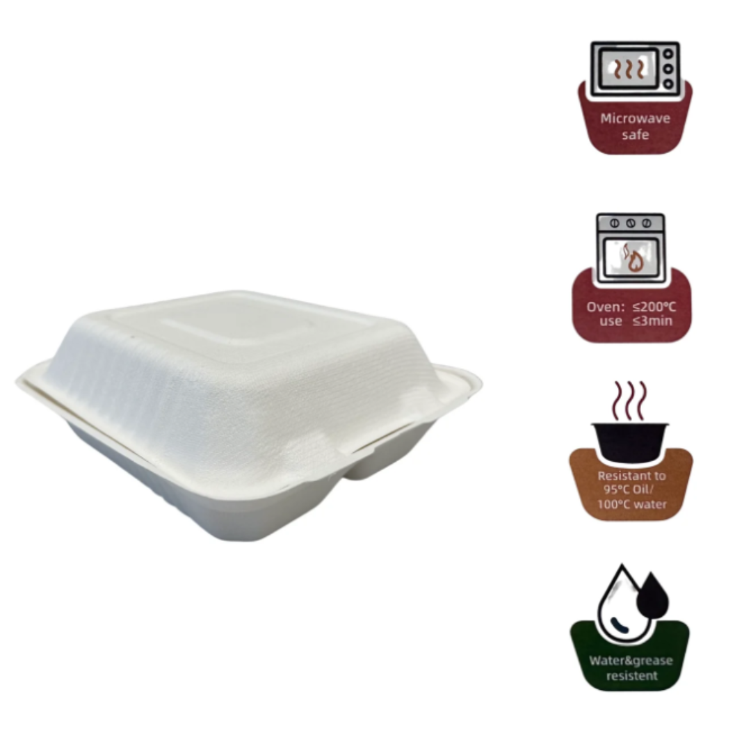 Bagasse 3-Compartment Folding Take-Out Container 8×8×3
