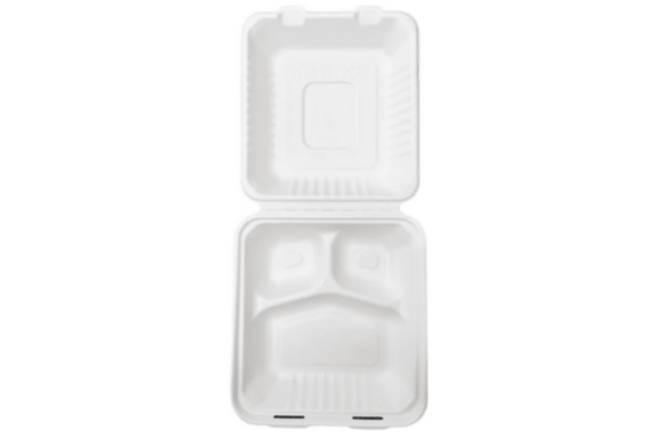 Bagasse 3-Compartment Folding Take-Out Container 8×8×3